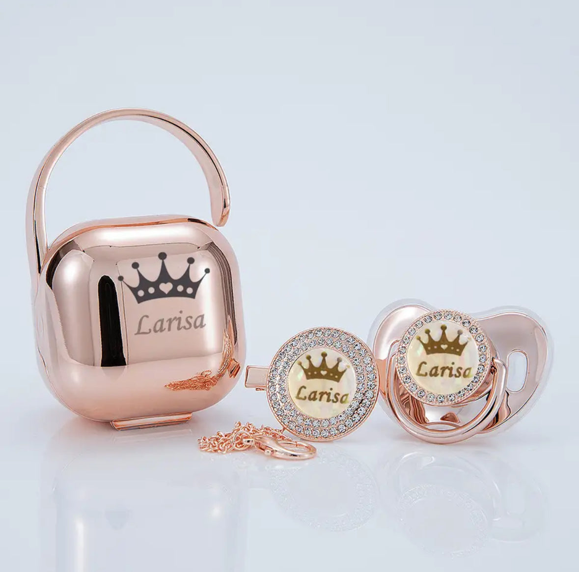 Personalized Rose Gold Pacifier With Clip and Case – OH NANA