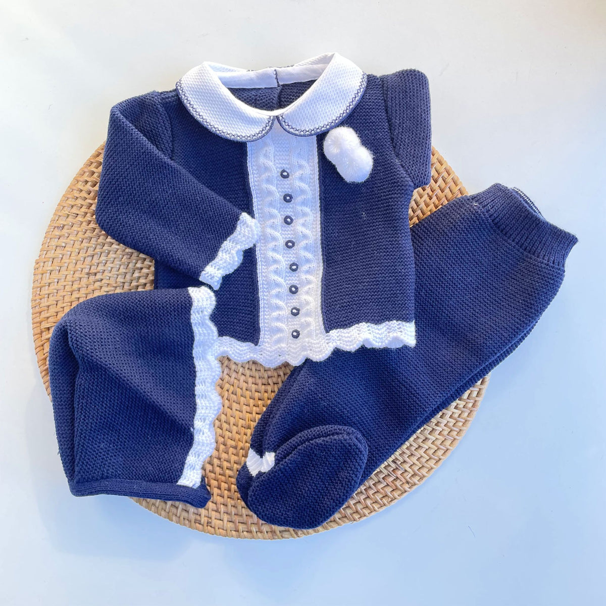 Colton Three Piece Knitted Outfit (White/Marine) – OH NANA