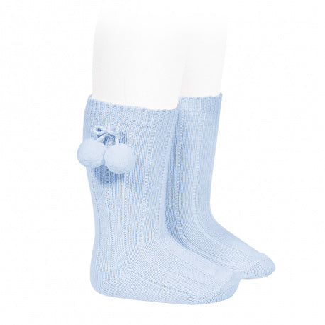 Warm Cotton Rib Knee-High Socks with Pompoms (Baby Blue) – OH NANA